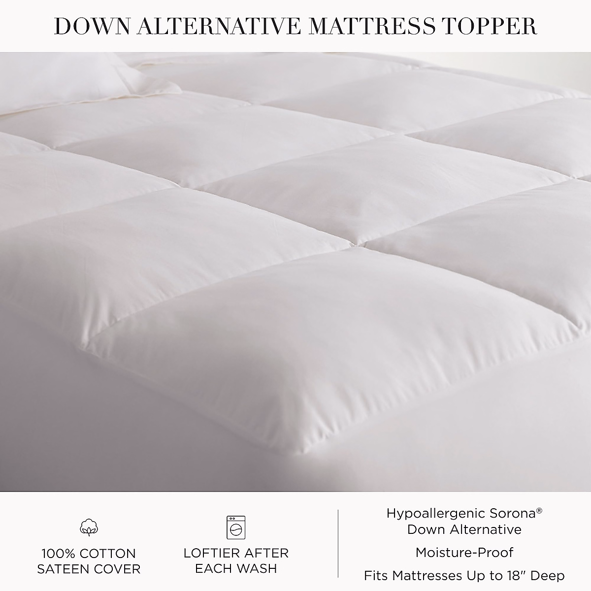 Peacock Alley Down Alternative Mattress Topper Enhancer – 100% Hypoallergenic Mattress Cover, 3" Plush Bed Topper with Soft Quilted Top and 400 Thread Count Cotton Sateen Cover - Queen (White)