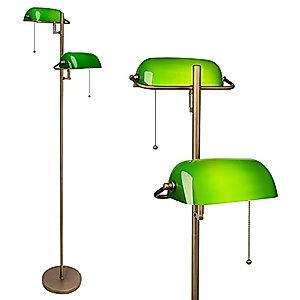 FIRVRE Green Glass Bankers Floor Lamp Classic Vintage Standing Lamp with Pull Chain Switch Adjustable Arm Reading Floor Light for Bedroom Headboard Workplace Office Piano Style Lamp