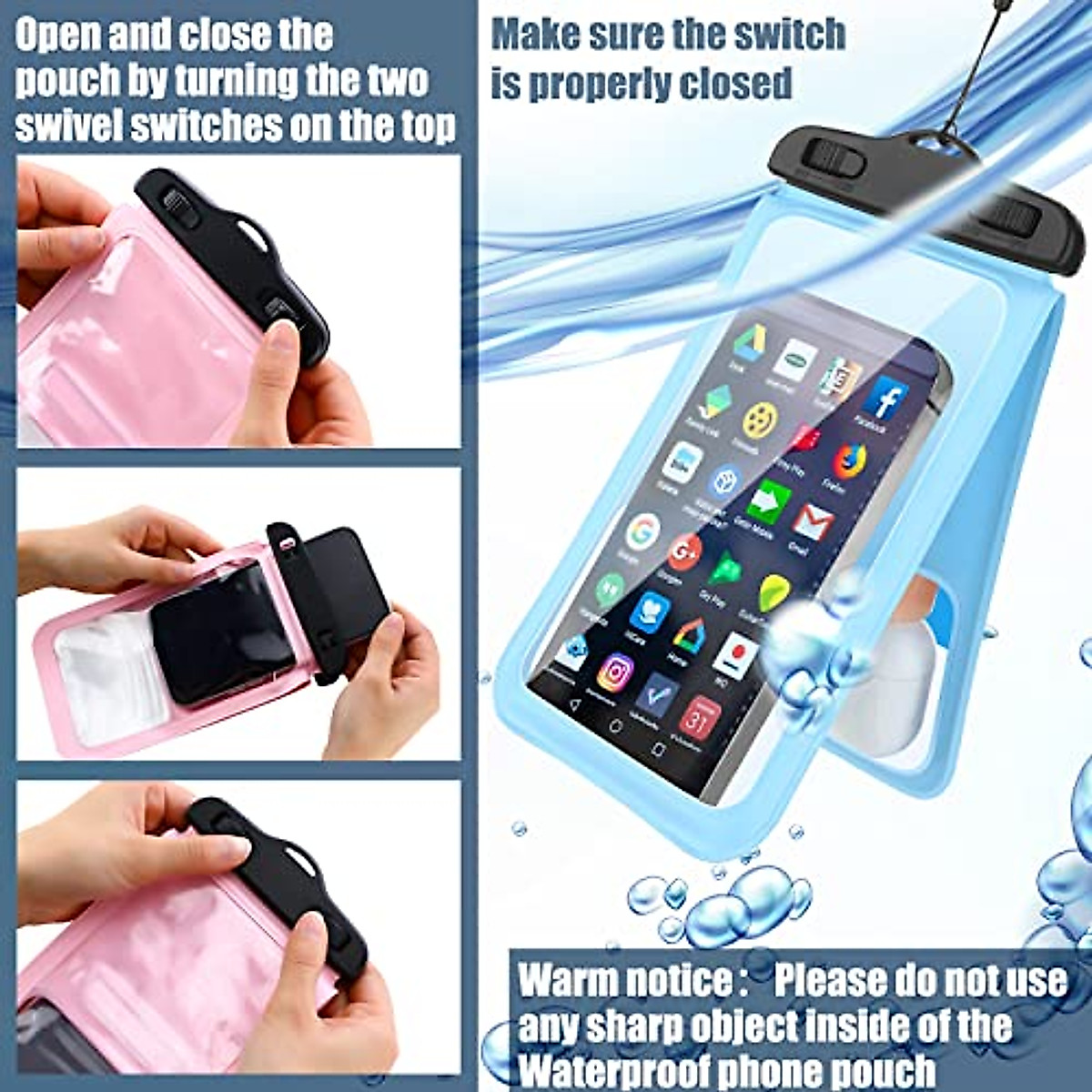 Yexiya 4 Double Space Waterproof Phone Pouch IPX8 Waterproof Phone Case Phone Water Protector Pouch Compatible with iPhone 14/13/12/11 Pro Max/Pro/8 Plus, Galaxy S22/S21/S20/S10/Note 20/10/9 Up to 7''