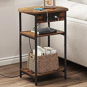 Hzuaneri End Table with Charging Station, 3 Tier Storage Bed Side Table with USB Port & Outlet, Couch Table, Nightstand for Living Room, Bedroom, Narrow Side Table, Rustic Brown and Black ET05201B