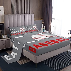 Baseball Bed Sheet Set Boys Ball Sports Theme Sheets Set Full Size for Kids Teens Ultra Soft Baseball Games Lover Sheets with Deep Pocket Fitted Sheet Gray Bed Set Room Decor