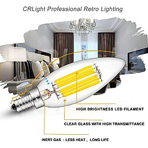 CRLight 6W LED Candelabra Bulb 4000K Daylight White, 70W Equivalent 700LM Dimmable, E12 Vintage Edison Clear Glass B10 Candle Torpedo Shape Bullet Top LED Chandelier Light Bulbs, Pack of 6