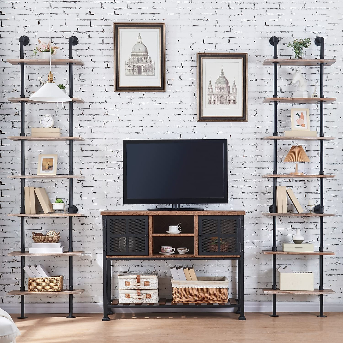 HOMBAZAAR Industrial Pipe Bookshelf,7 Tier Pipe Shelving,Wall Mounted Ladder Shelves with Metal Frame for Home Office,Living Room,Oak Brown