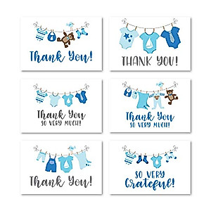 24 Blue Clothesline Baby Shower Thank You Cards With Envelopes, Boy Sprinkle Thank-You Note, 4x6 Gratitude Card Gift For Guest Pack, Gender Reveal DIY So Grateful Varied Little Onesie Event Stationery