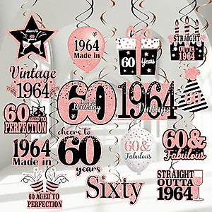 36PCS Rose Gold 60th Birthday for Women Party Decorations Vintage 1964 Hanging Swirls Sixty Years Old Party Supplies Ceiling Hanging Decor for Birthday Anniversary Vintage 1964 Party Favors