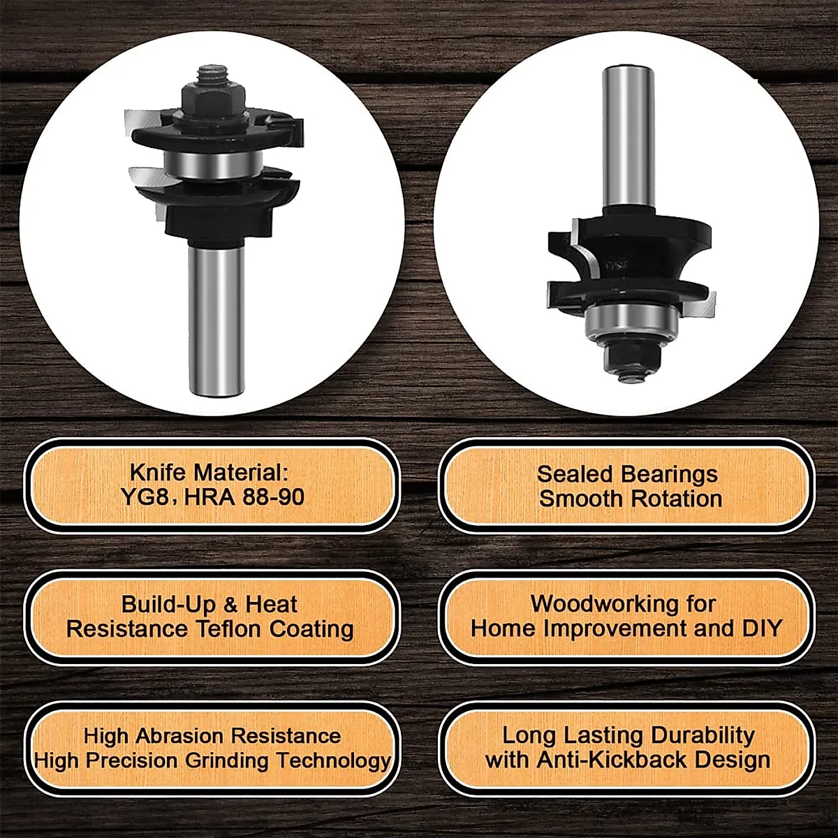 LEATBUY 1/2 Inch Shank Router Bit Set 3 PCS Round Over Raised Panel Cabinet Door Rail and Stile Router Bits, Woodworking Wood Cutter, Wood Groove Tongue Milling Tool(1/2-double)