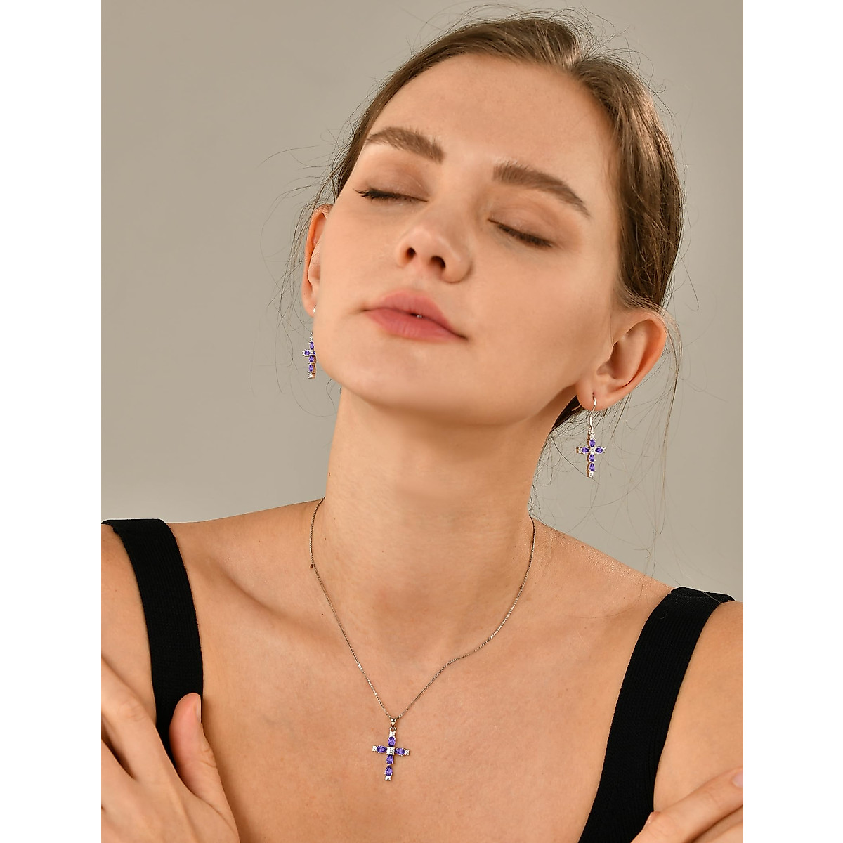 YL Cross Necklace 925 Sterling Silver Created Amethyst Pendant Religious Jewelry 18K White Gold Plated Gemstone Christian Baptism Gift