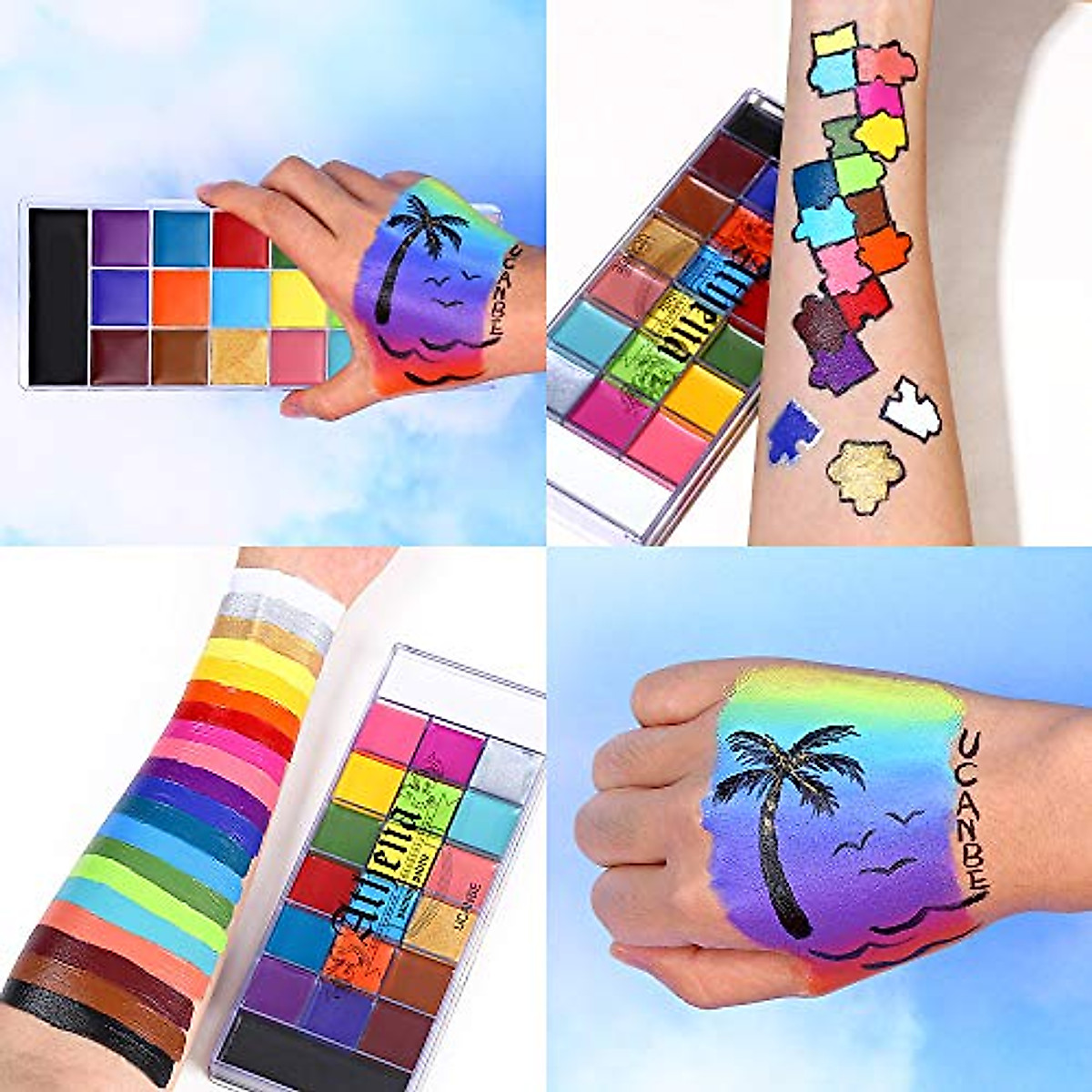 UCANBE Oil Based Face Body Painting Kit - Large Deep Pan, 20 Vivid Color SFX Makeup Paint with 24 Stencils & 2pcs Brushes, Professional Makeup Palette for Art, Theater, Halloween, Parties and Cosplay