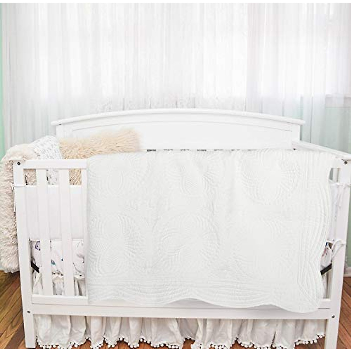 MONOBLANKS Baby Quilt Personlized Monogram Lightweight Embossed Scalloped Throw Blanket Four Seasons (White)