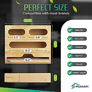 Premium Plastic Wrap Dispenser with Cutter and Ziplock Bag organizer, Bamboo Foil and Plastic Wrap Organizer for Kitchen Drawer, Ziplock Bag Storage Organizer for Gallon,Quart,Sandwich,Snack