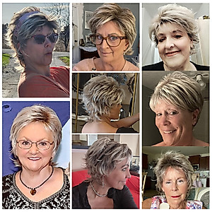 TISHINING Layered Short Blonde Pixie Wigs for White Women Dark Brown Ombre Blonde Pixie Cut Wig with Bangs Synthetic Natural Looking Daily Party Wig