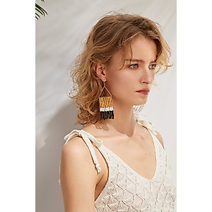 Handmade Beaded Tassel Earrings - Statement Seed Bead Earrings, Boho Beaded Fringe Drop Earrings for Women (TRIANGLE GOLD BLACK)