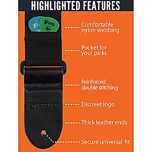 Protec Guitar Strap with Leather Ends and Pick Pocket, Black