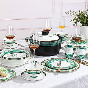 Tabletop Dinner SetsHome Tableware Set Ceramics Dinner Sets, Plate/Bowl/Soup Pot | 62 Pieces Upscale Bone China Dinnerware Set - Green Pattern Porcelain Combination Set for Restaurant
