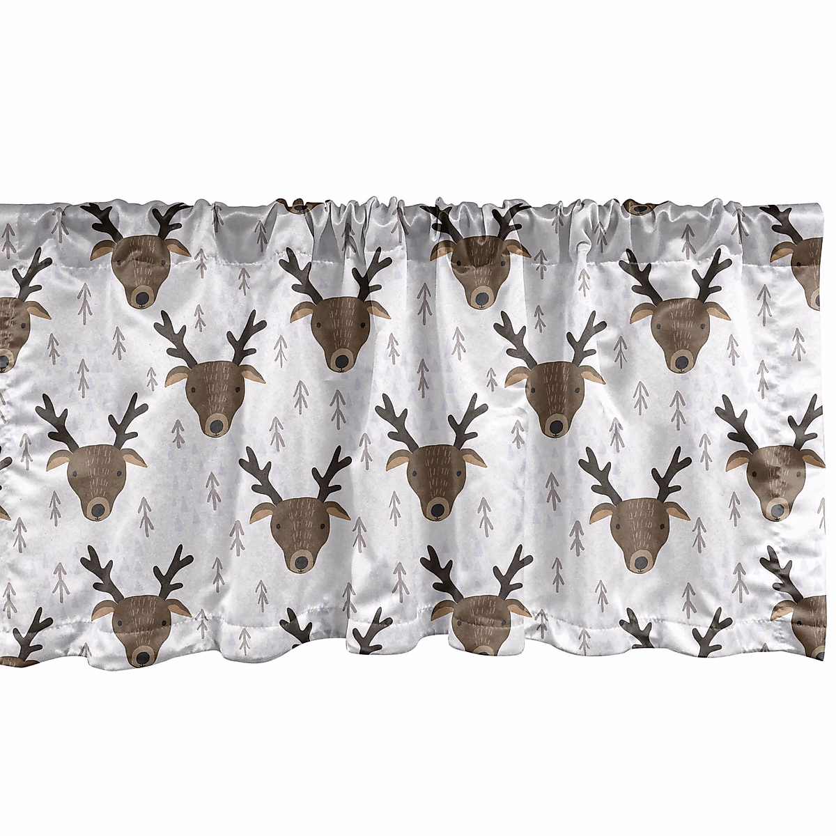 Ambesonne Landscape Window Valance, Winter Woods Theme Pattern of Deer Heads with Antlers and Fir Trees, Curtain Valance for Kitchen Bedroom Decor with Rod Pocket, 54" X 12", White Sepia