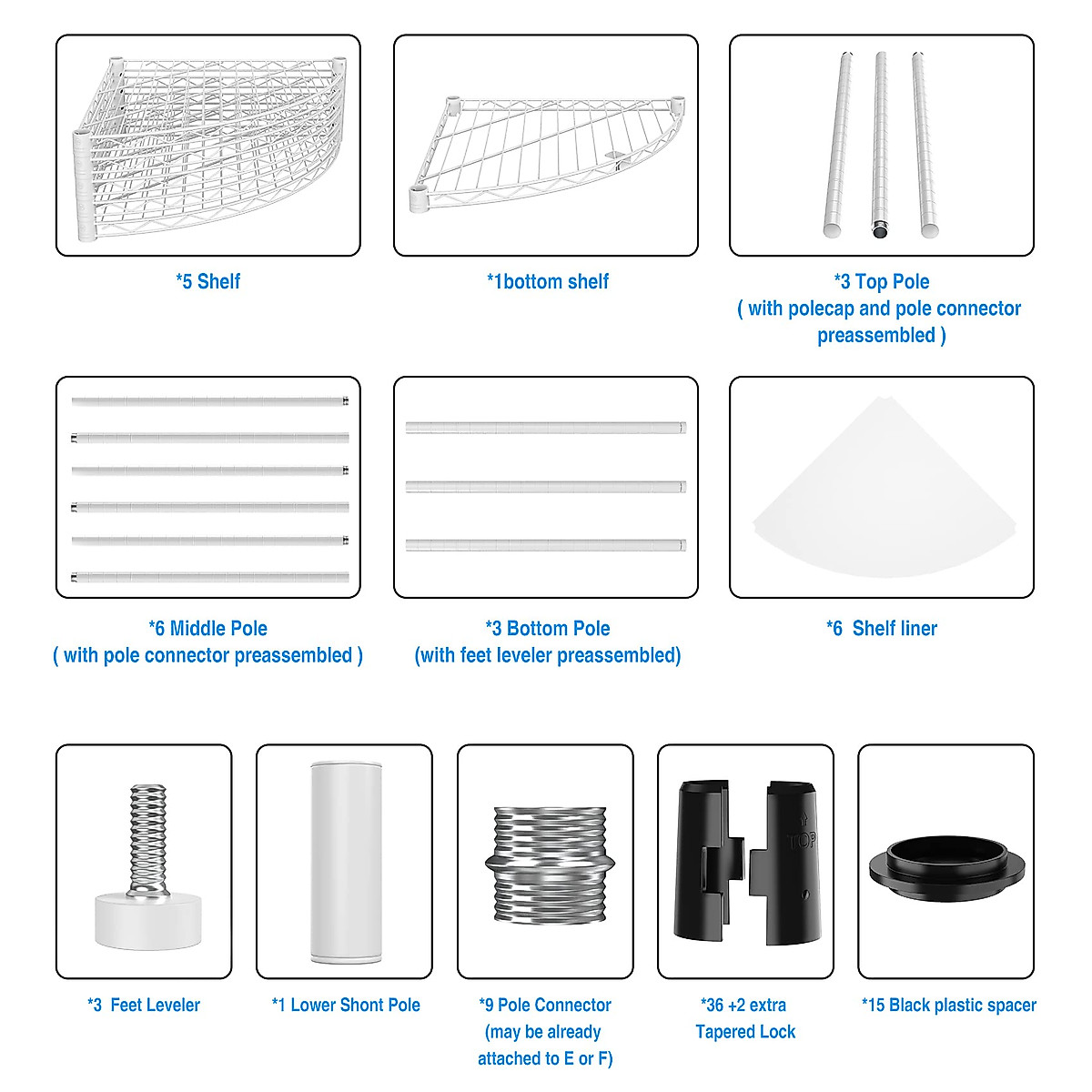 NSF 6-Tier Metal Corner Shelf Wire Shelving Unit - 420 lbs Capacity, Adjustable, with leveling feet & Waterproof Shelf Liners - Ideal for Garage, Kitchen, and More - 72" H x 18" L x 18" D - White