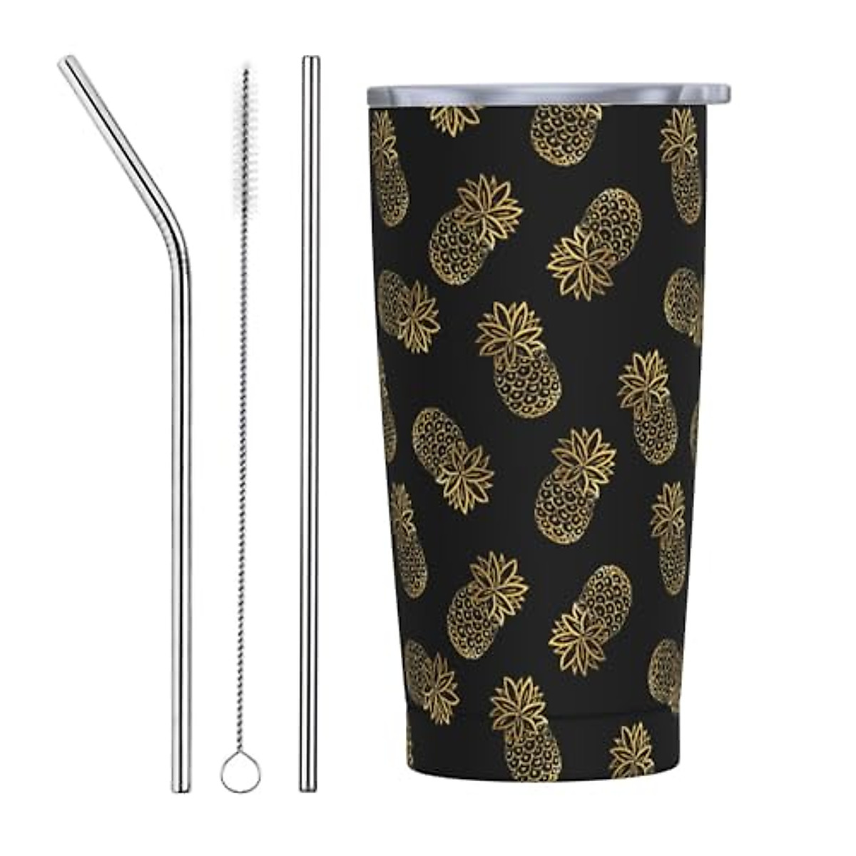 20oz Tumbler Summer Fruit Pineapple Double Wall Vacuum Insulated Coffee Mug with Lid and Metal Straw Brush Reusable Stainless Steel Water Bottle Travel Cup Gifts for Car Ice Drinks Hot Beverage