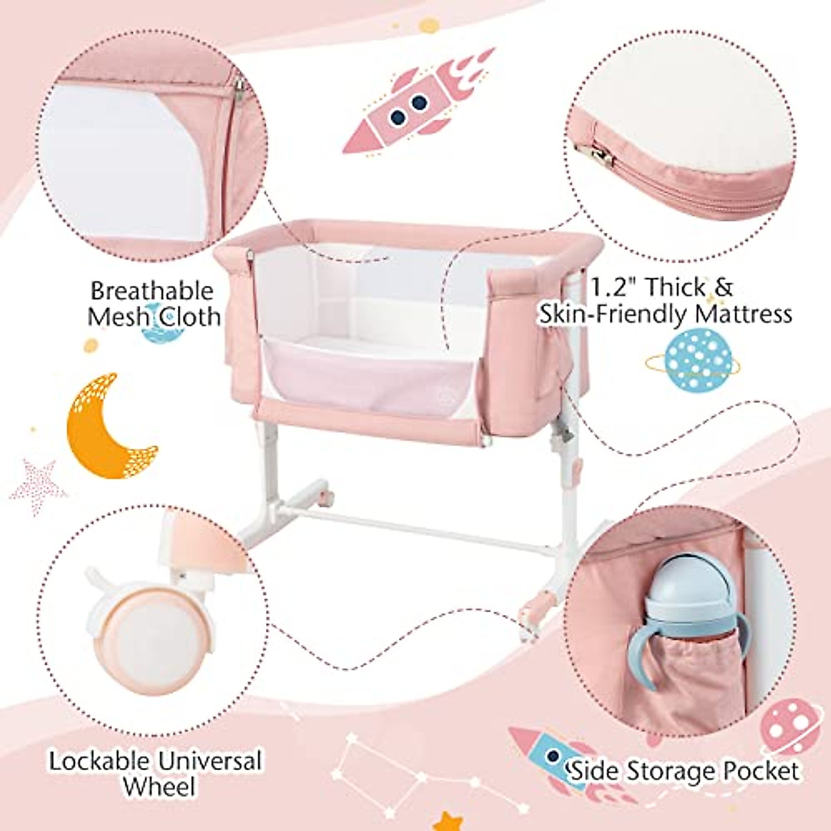 BABY JOY Bassinet Bedside Sleeper, 3 in 1 Folding Crib w/Adjustable Height, Mattress, Lockable Wheels, Storage Pocket & Carry Bag for Infant Newborn, Stationary & Rock, Portable Baby Bassinet (Pink)