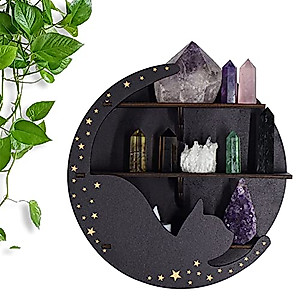 Tzou Wooden Crescent Crystal Display Shelf,Moon Shaped Floating Wall Shelf,Wall Mounted Jewelry Essential Oil Storage Rack,Crystal Holder Wall Decor Shelves for Bedroom Living Room MZ249A