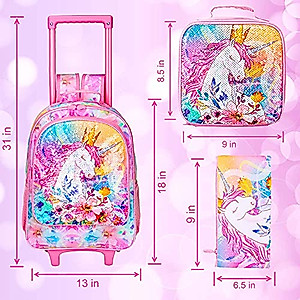 4PCS Rolling Backpack for Girls,Kids Unicorn Bookbag with Roller Wheels, Suitcase School Bag Set for Toddler Elementary