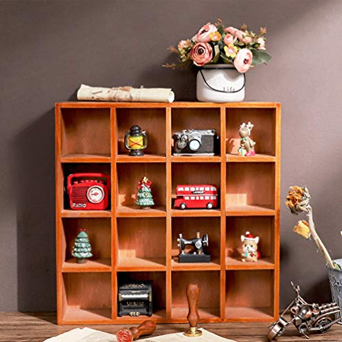DOITOOL Freestanding Wood Shadow Box Shelf 16 Grids Rustic Wood Display Floating Shelves Farmhouse Wooden Wall Shelf for Figures Shot Glasses Spice Can or Collection