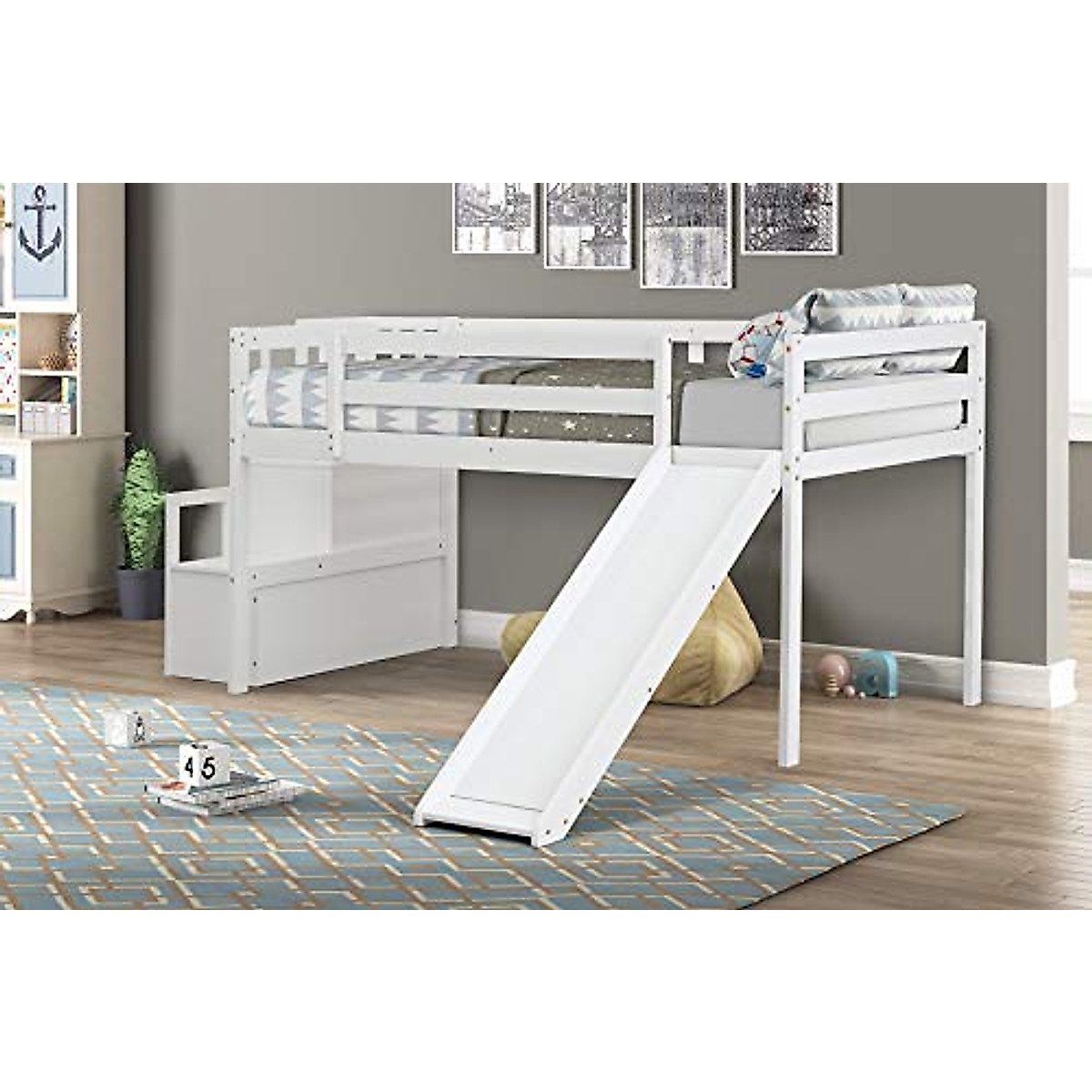 DEYOBED Low Loft Bed with Stairs and Slide - Wood Twin Bed Frame for Kids - Ideal for Boys and Girls - White