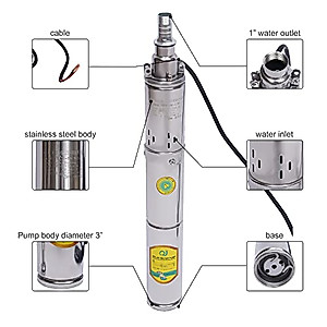Submersible Deep Well Pump Solar Water Pump DC 24V 370W Stainless Steel Screw Pump, 213ft Lift 8.8GPM Flow, Agricultural Irrigation Pump Solar Water Circulating System
