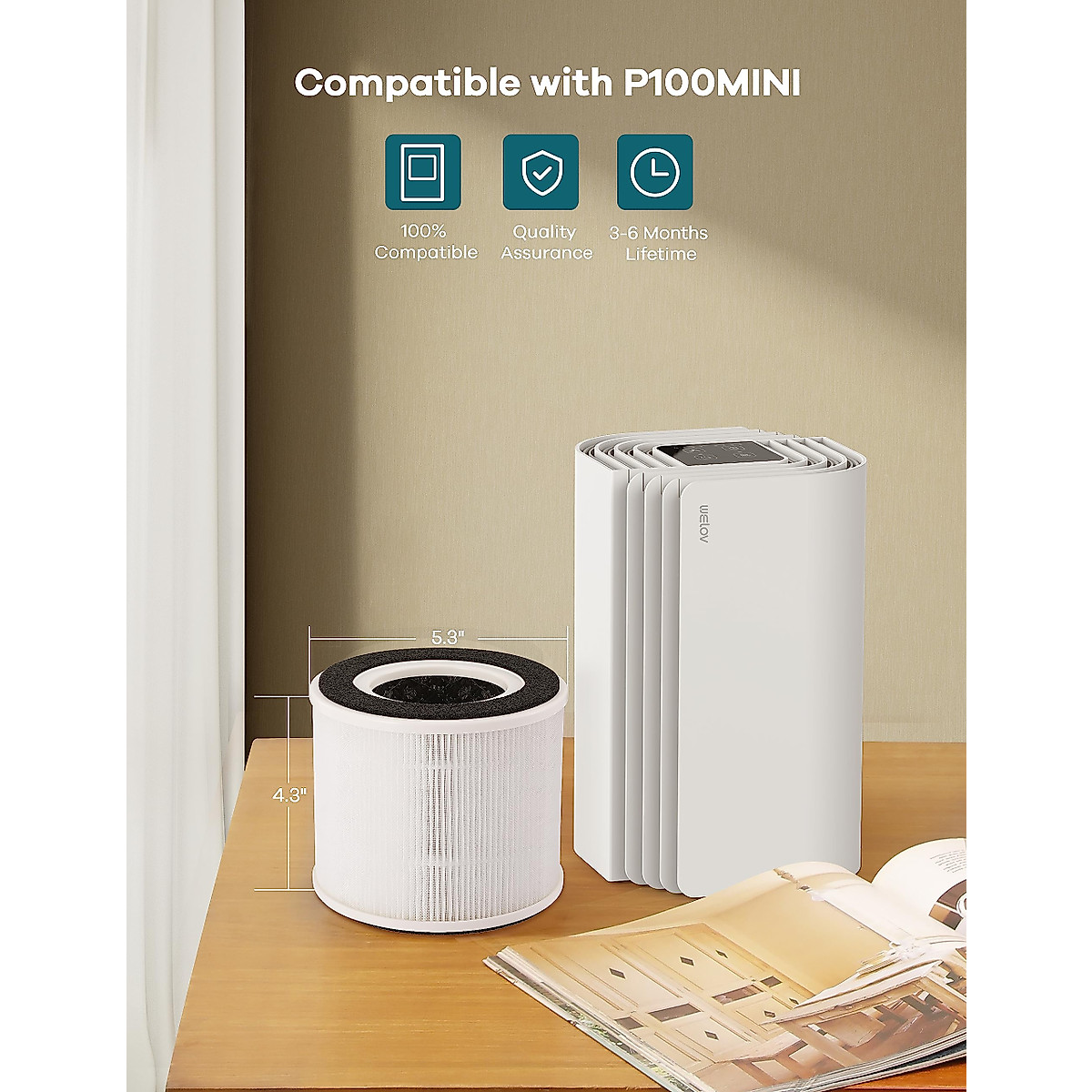 WELOV P100 Mini/P100 Mini Pro Air Purifier Replacement Filter, H13 True HEPA High-Efficiency Activated Carbon Filter for Pet Hair Dander Wildfire Smoke Pollen Dust Mite Kitchen Smells Odor