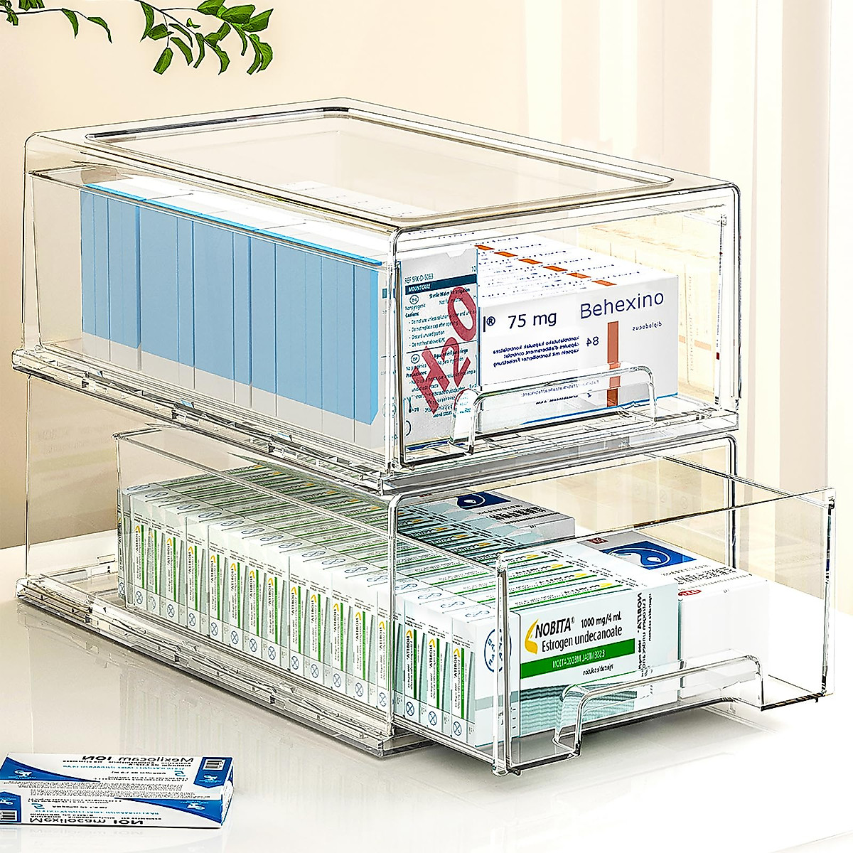 2 pack clear Drawer Plastic stackable Storage Box Bins Organizer，Medicine Container,Family First Aid Kits Medicine cabinet Box,Closet ，Shelf，Ointments, Adhesive Bandages，Cosmetics,Office Items