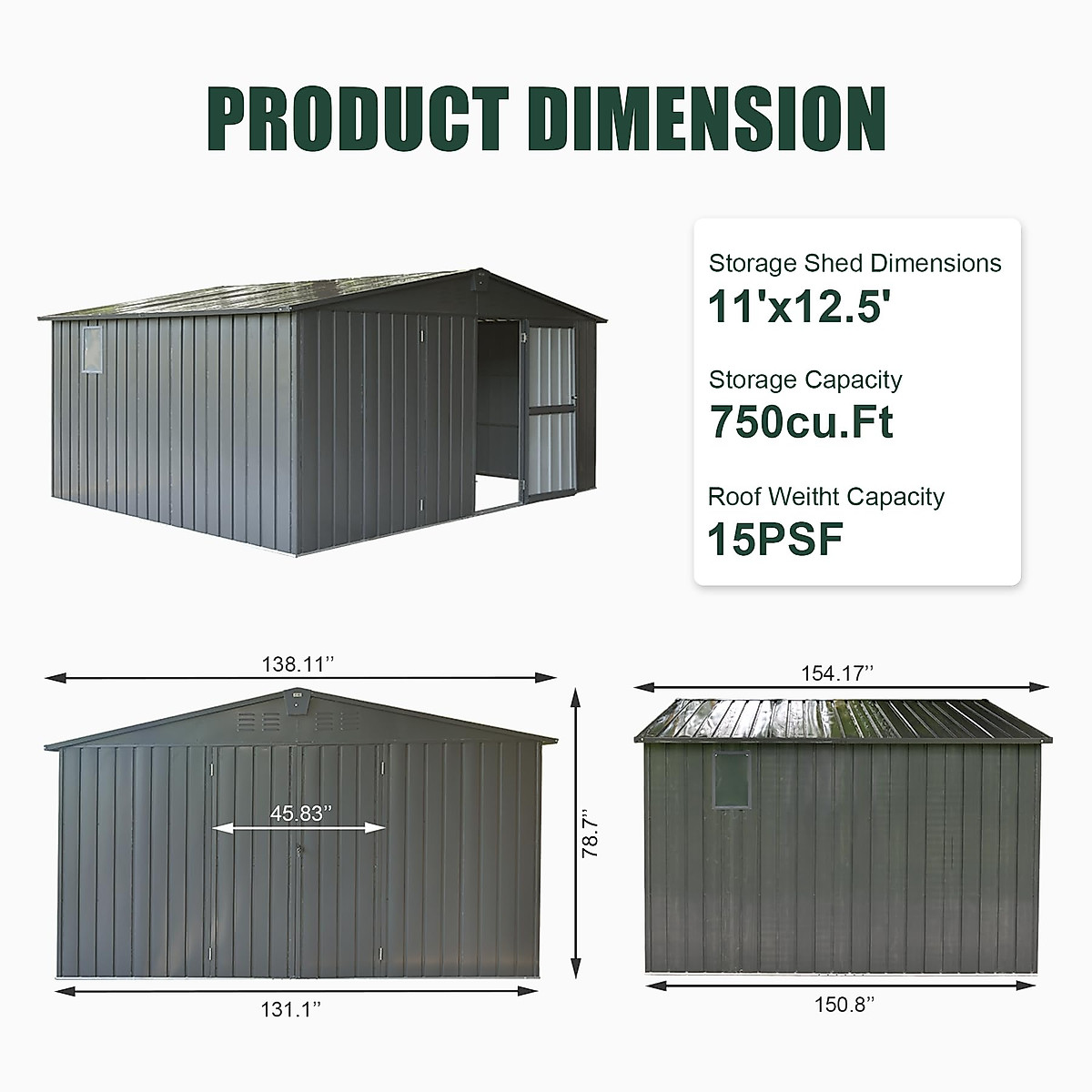 Domi 11x12.5FT Outdoor Storage Shed, Large Size Metal Outdoor Storage Cabinet with Lockable Doors, Windows, Galvanized Steel Storage House for Backyard, Patio, Garden, Lawn, Grey