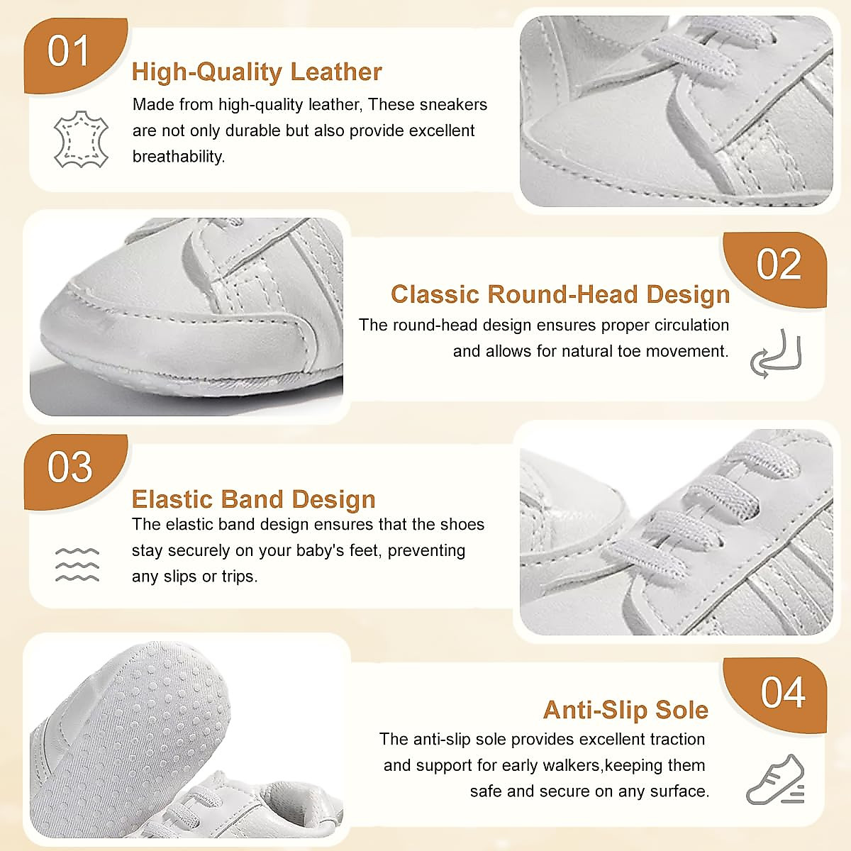 KIDSUN Infant Baby Boys Girls Sneaker Leather Soft Sole Anti-Slip Newborn Toddler White Casual Shoes First Walker Crib Shoes