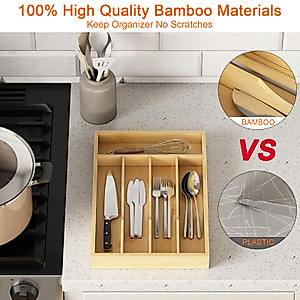 Youpehom Bamboo Utensil Organizer for Kitchen Drawers, Utensil Tray and Cutlery Silverware Holder,Wood Drawer Dividers with 5 Slots