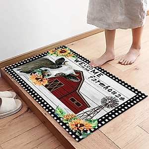 Queener Home Farmhouse Cow and Old Red Wooden Barn Kitchen Rugs and Mats Set of 2, Washable Floor Doormat Comfort Area Runner Rug Non-Slip Rubber Backing for Indoor Sunflowers