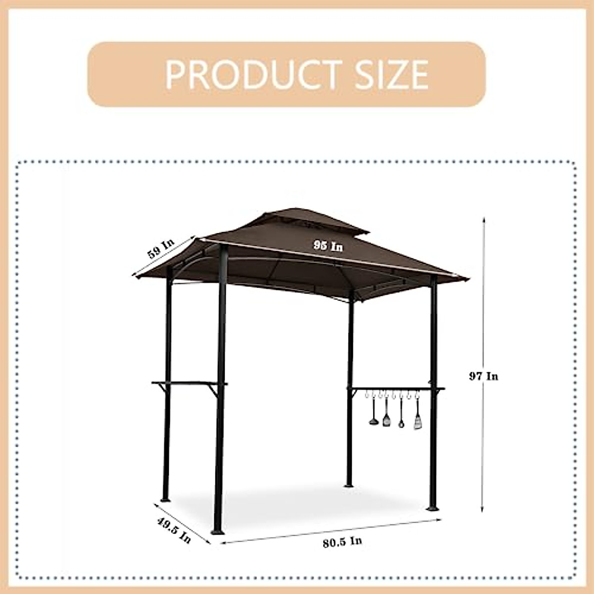 Outdoor Grill Gazebo 8 x 5 Ft, Shelter Tent, Double Tier Soft Top Canopy and Steel Frame with Hook & Bar Counters for Barbecue Picnic Party Garden (Brown)
