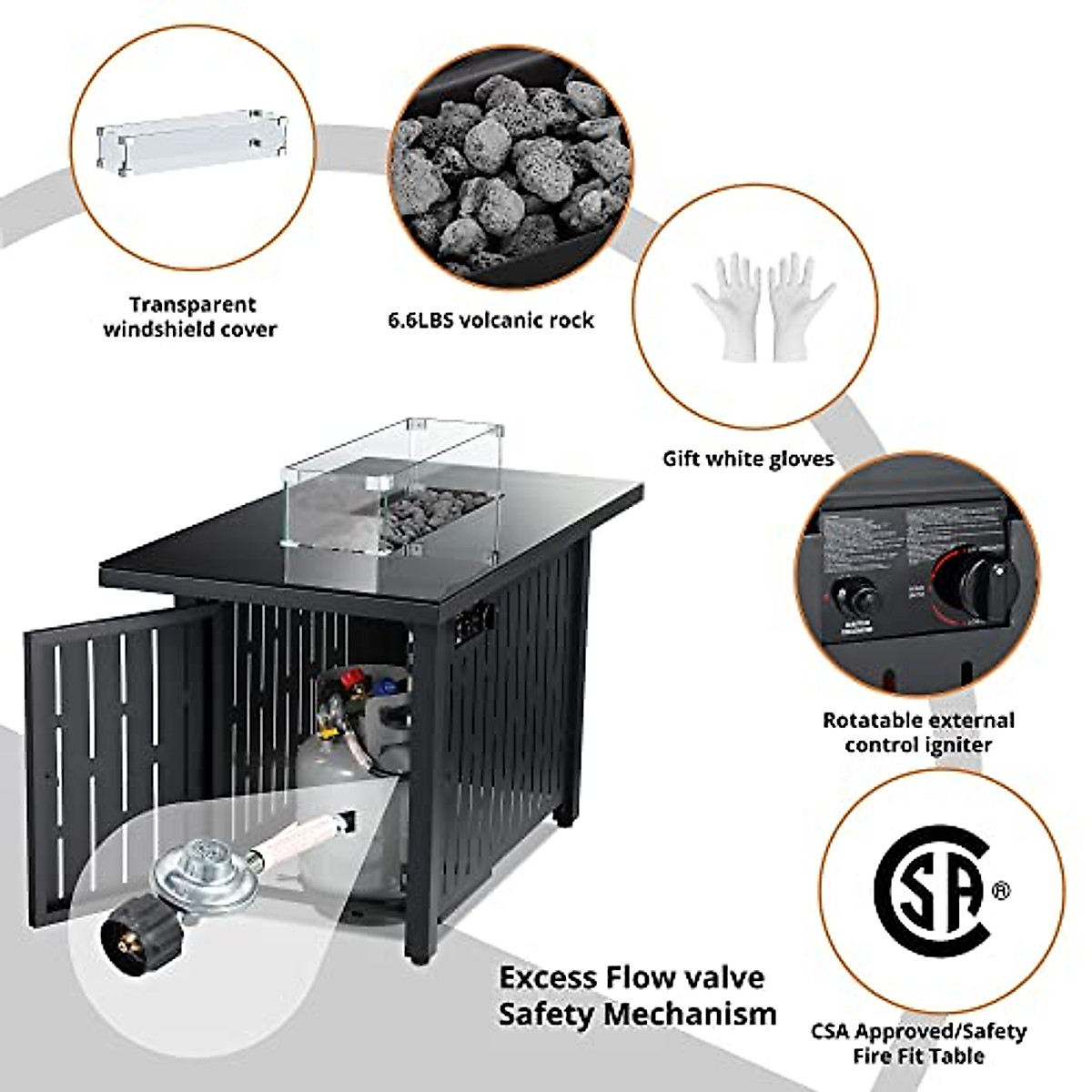 CUREALLSO Propane Fire Pit, 43 Inch 50,000BTU Auto-Ignition Gas Fire Pit Table with Lava Stone, Glass Wind Guard, CSA Approved for Outdoor Garden Patio Backyard