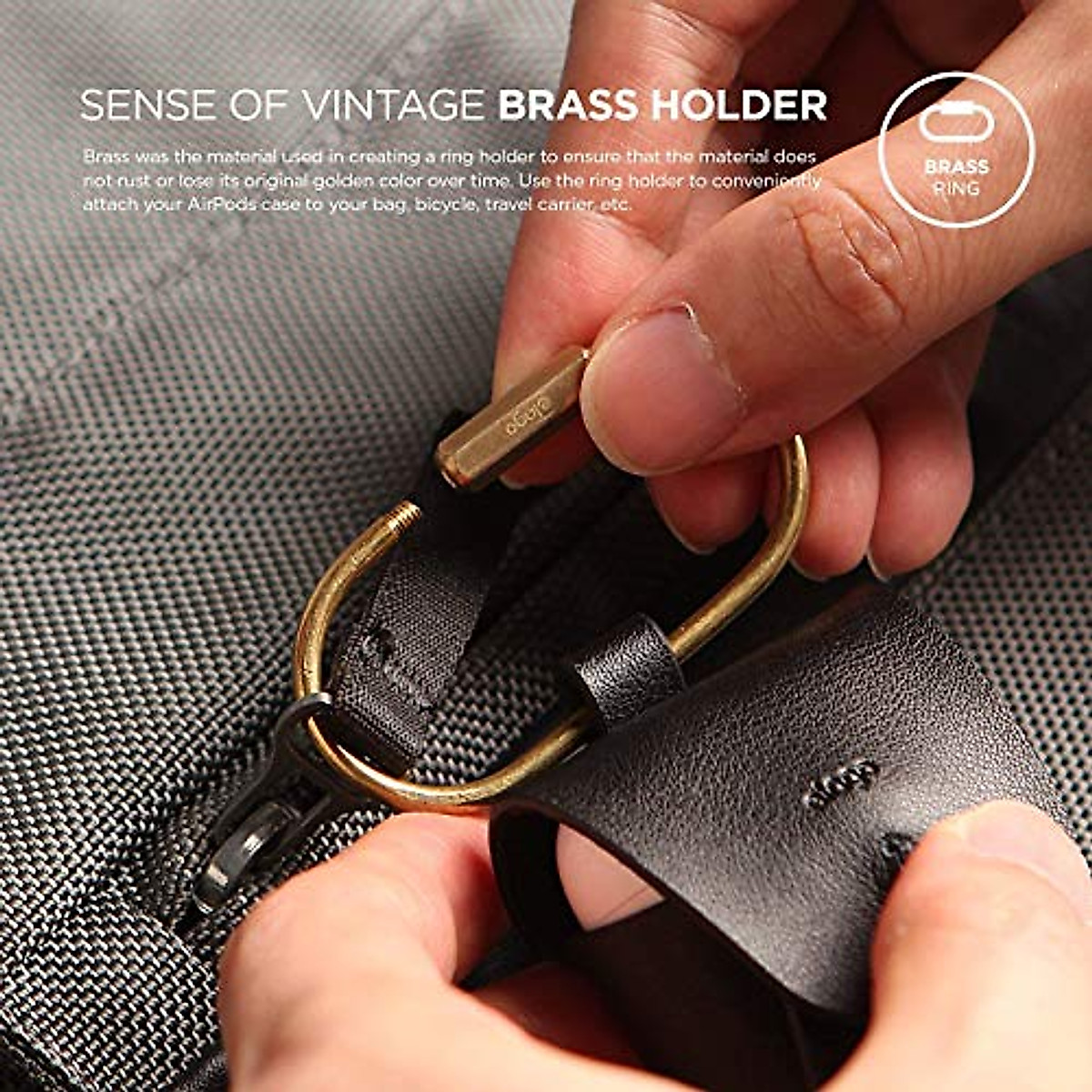 elago Genuine Leather Case Compatible with AirPods 1 Case and Compatible with AirPods 2 Case, Natural Cowhide Leather Case with Brass Ring Holder, Supports Wireless Charging [Black]