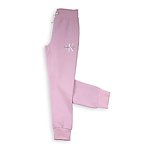 Calvin Klein Girls' Logo Sweatpants, Fleece Joggers with Ribbed Cuffs & Waistband, Honeysuckle, 16