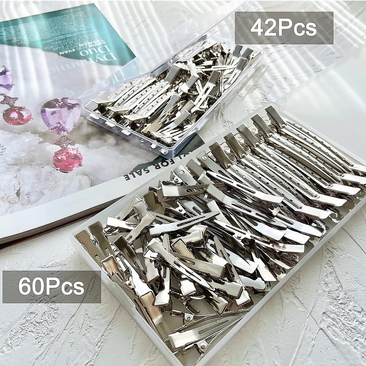 Silver Metal Duck Billed Hair Clips Set - Alligator Roller Clips for Women's Long Hair Sectioning and Pin Curls, with Case