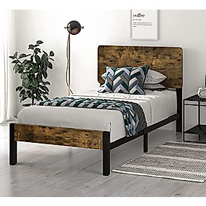 SHA CERLIN Twin Size Metal Platform Bed Frame with Wooden Headboard and Footboard/Rustic Mattress Foundation/No Box Spring Needed/Non-Slip Without Noise/Black&Brown