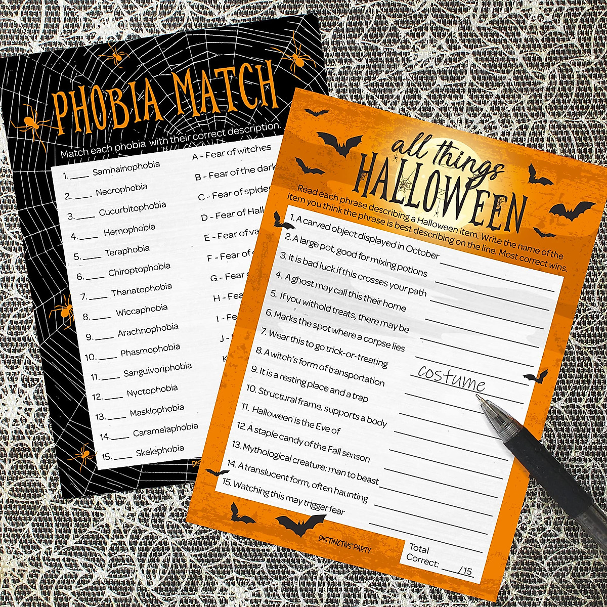 DISTINCTIVS Halloween Party Games, Halloween Trivia & Phobia Match 2 Game Bundle - 25 Count