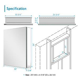 Quavikey Mirrored Medicine Cabinet with Aluminum Recessed or Surface Mount for Bathroom Storage 20x26 Inch, Silver