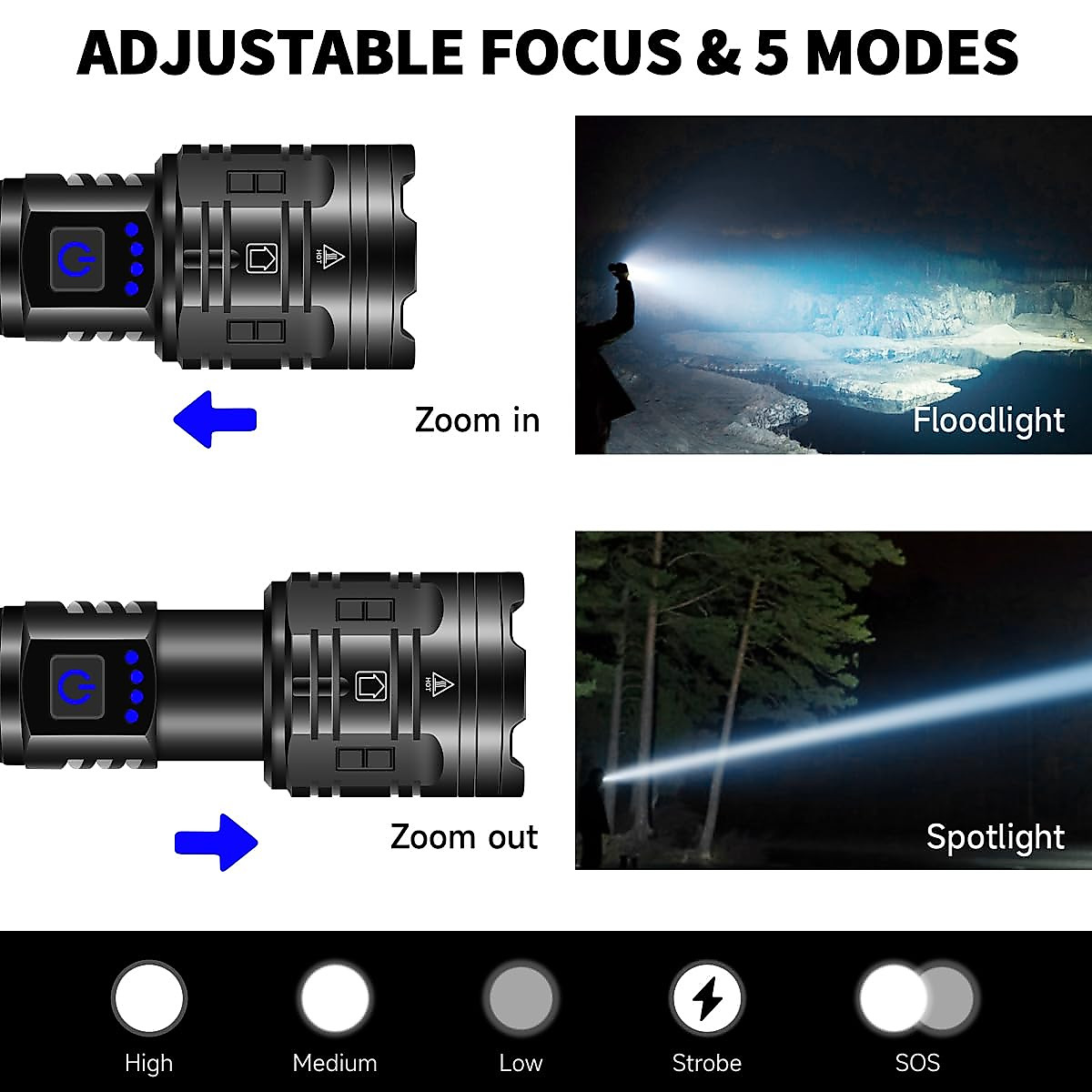 Rechargeable Flashlights High Lumens, 950000LM Powerful Tactical Flashlights, 5 Modes LED Flashlight Adjustable, Brightest Flashlight Waterproof, Handheld Flash light for Emergencies, Camping, Hiking