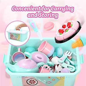 Tagitary Tea Party Set for Little Girls, 52 PCS Kids Pretend Play Toys with Dessert, Ice Cream, Donuts, Teapot, Cups and Carrying Case, Birthday Gift for Toddlers Girls Boys Age 3-6