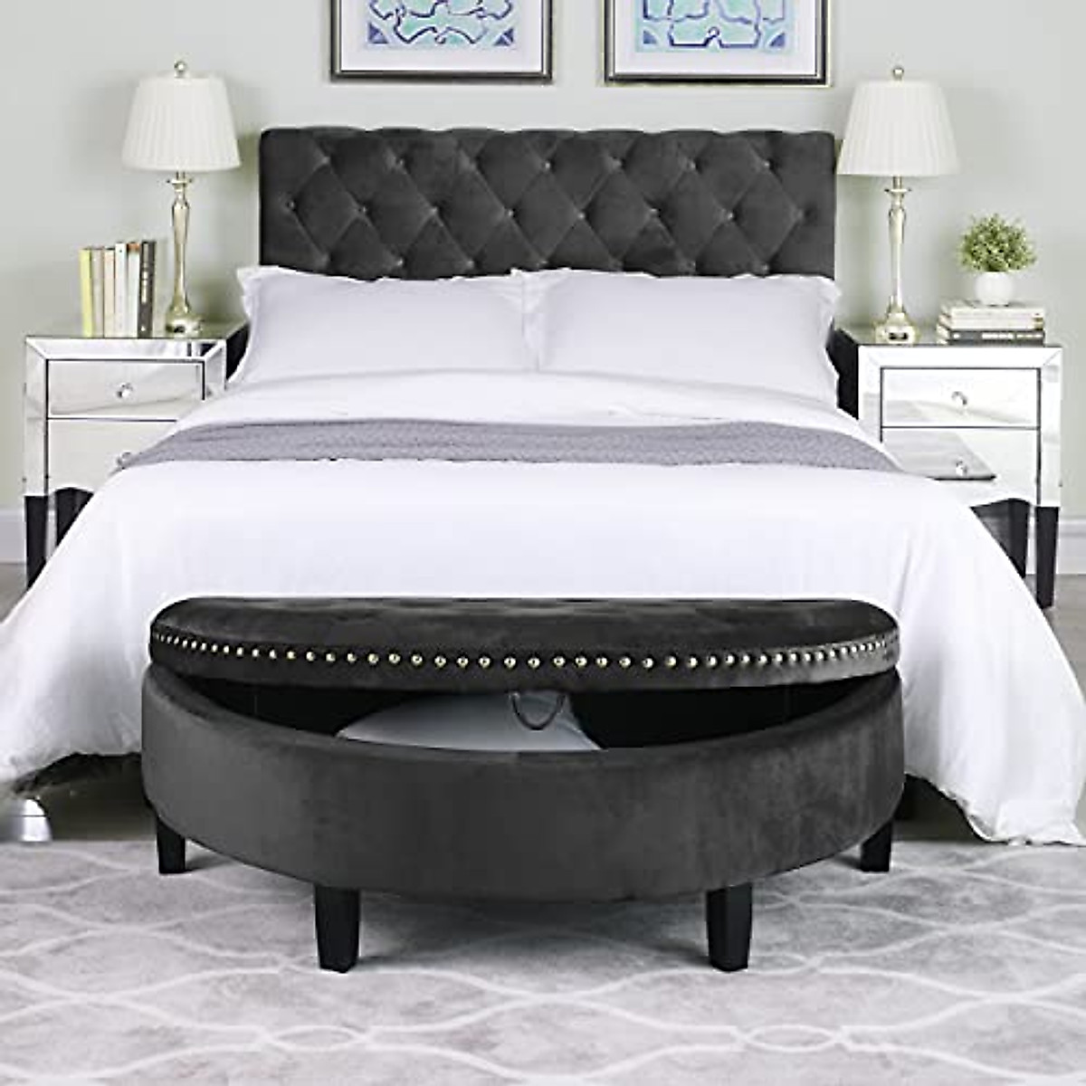 Iconic Home Jacqueline Half Moon Storage Ottoman Button Tufted Velvet Upholstered Gold Nailhead Trim Espresso Finished Wood Legs Bench Modern Transitional Black
