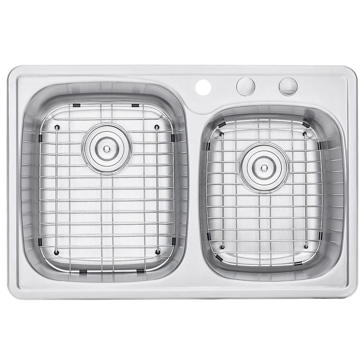 CozyBlock 33 x 22 x 9 Inch 60/40 Offset Top-mount/Drop-in Stainless Steel Double Bowl Kitchen Sink with Strainer and Protective Bottom Grid - 18 Gauge Stainless Steel-3 Faucet Hole