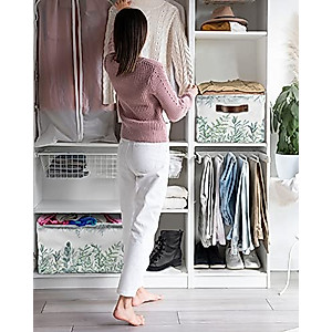 ARTtikke Storage Bins Clothes Organizer Sage Green Blue Leaves Spring Storage Cubes Bin with Handles,Foldable Storage Boxes for Closet,Storage Basket for Organizing Shelves 15x11x9.5 inch