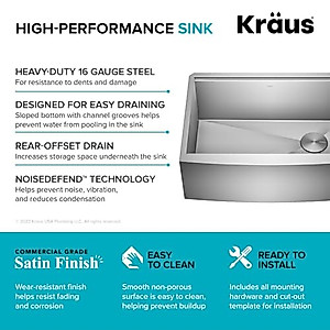 KRAUS Kore 27-Inch Farmhouse Workstation 16 Gauge Single Bowl Stainless Steel Kitchen Sink with Accessories, KWF210-27