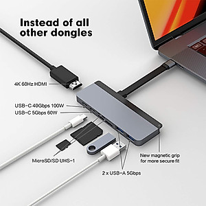 HyperDrive USB C Hub, Mac Type-C Dual Hub Adapter for MacBook Pro Air 13" 15" 16" iPad Pro, USB-C Devices, 7in2: USBC PD 100W 40Gbps, 4K HDMI, microSD/SD Card Reader, 2xUSB 3.1 Space Grey