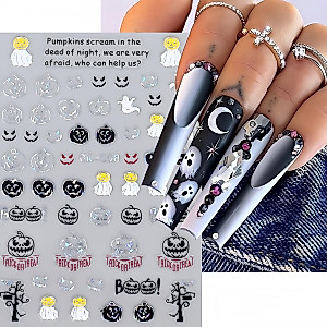 ZTZTST 8 Sheets Halloween Nail Art Stickers Cute Ghost Nail Decals 3D Self-Adhesive Laser Bat Cat Skull Spooky Designs Decals Halloween DIY Manicure Supplies Decorations Nail Charms for Women Girls