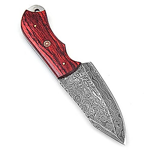 Handmade Damascus Steel Hunting Skinning Knife with Leather Sheath | 8'' Hand Forged Full Tang Fixed Blade Damascus Knives For Men and Women | EDC Razor Sharp Blade Bushcraft Camping Survival Knifes with Belt loop for Vertical and Horizontal Carry Red woo